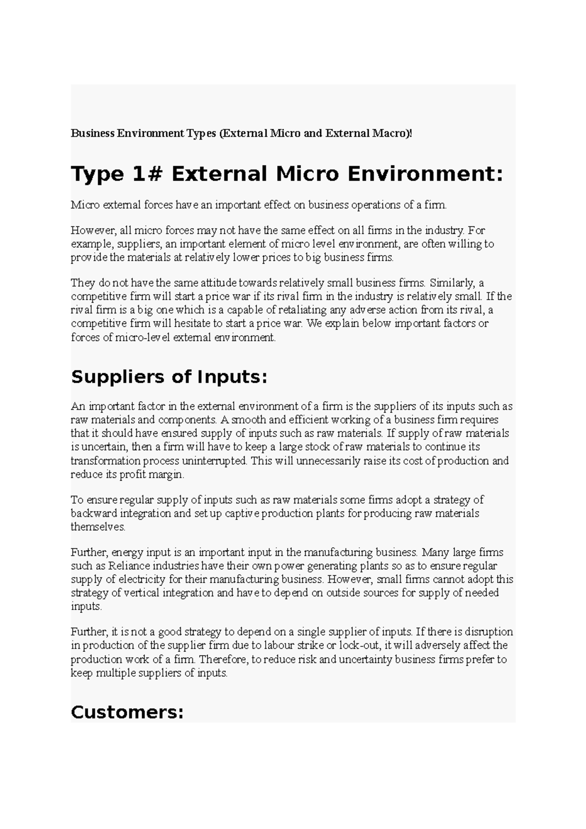 External Factors - notes - Business Environment Types (External Micro ...
