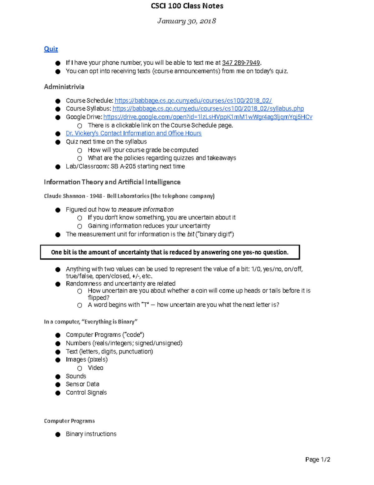 2018-01-30 Class Notes - CSCI 100 Class Notes January 30, 2018 Quiz If ...