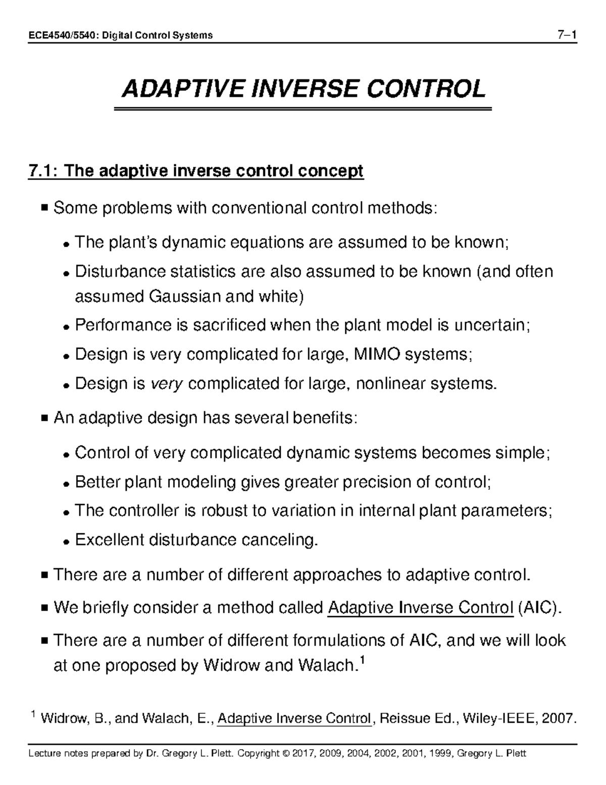 Adaptive Inverse Control Notes Ece4540 5540 Digital Control Systems 7 Adaptive Inverse