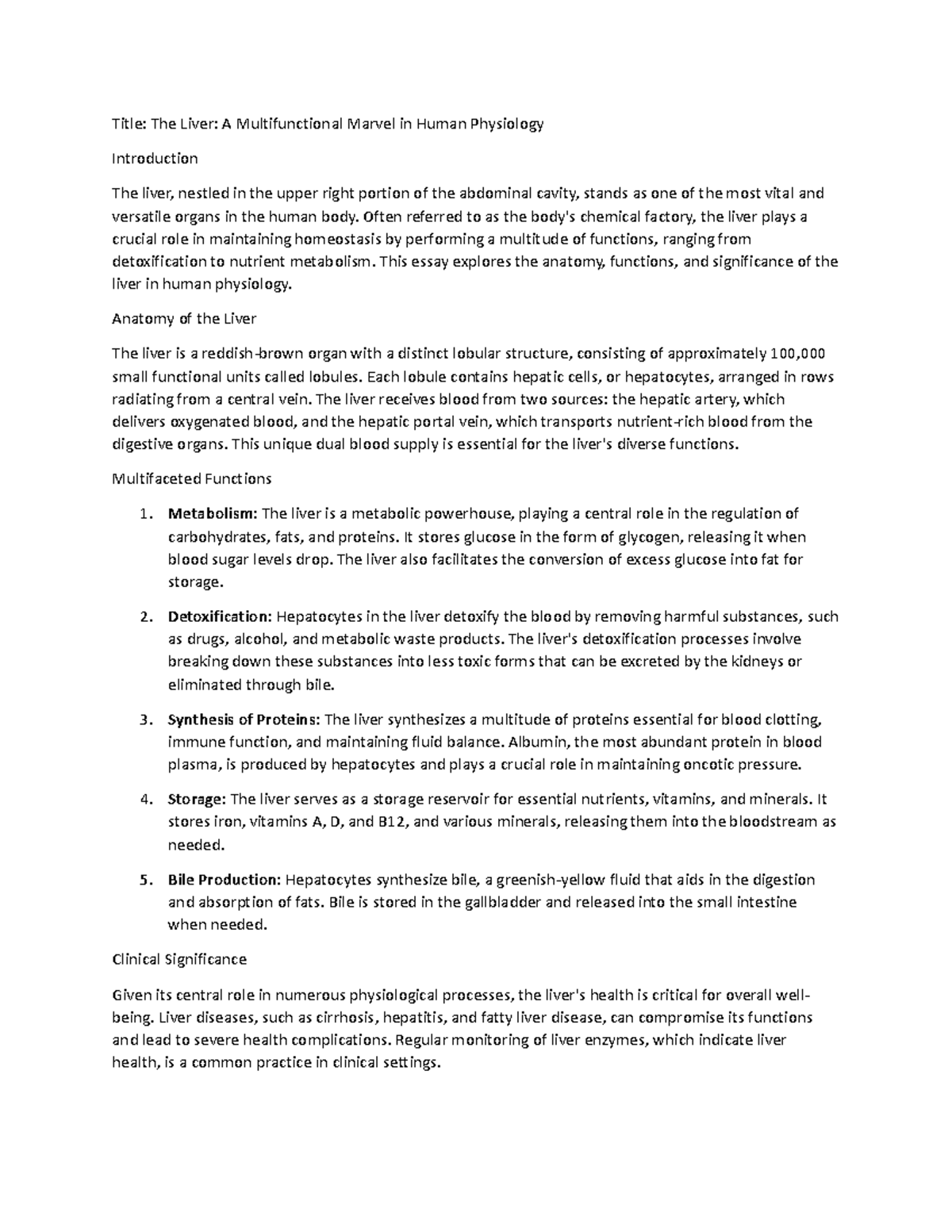 INFO5678 - Liver - Title: The Liver: A Multifunctional Marvel in Human ...