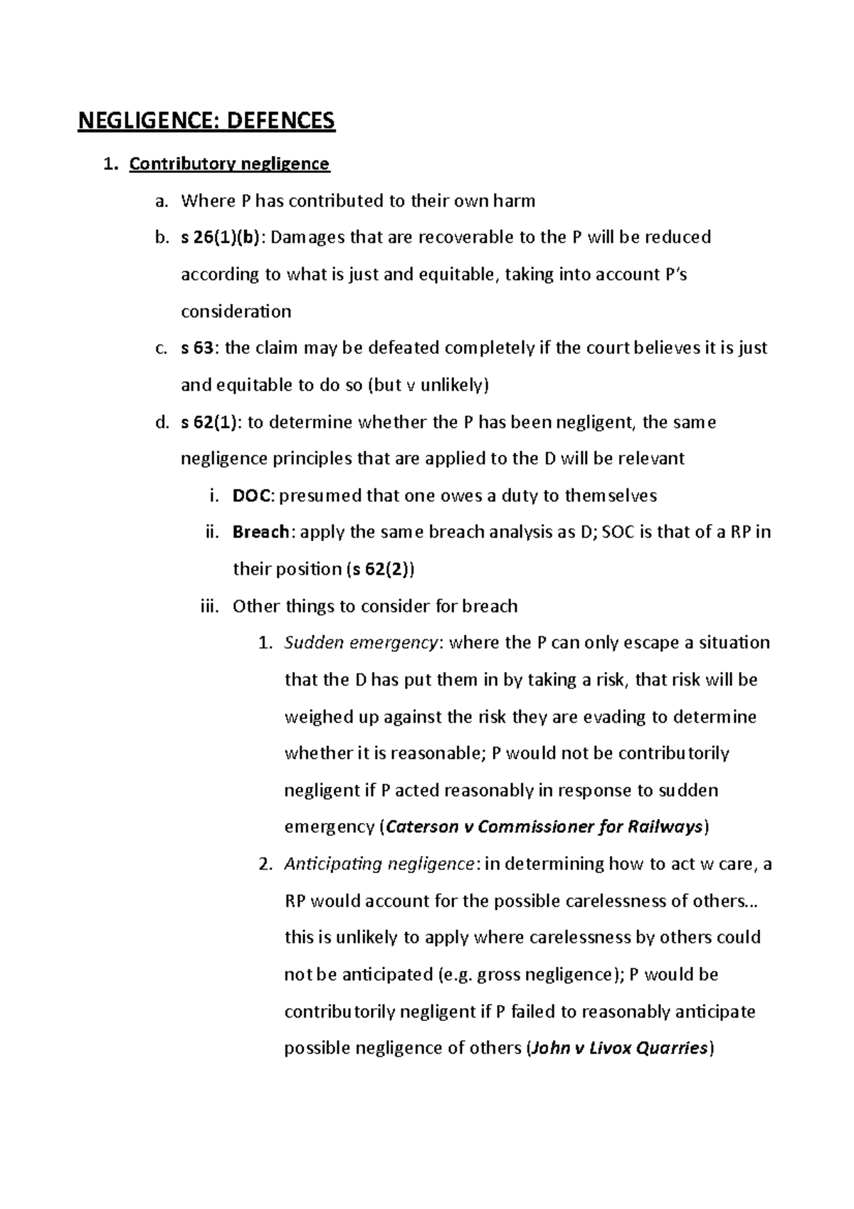 Negligence-defences notes/structure - NEGLIGENCE: DEFENCES 1 ...