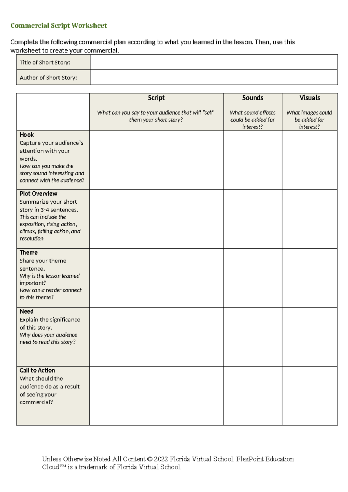 05 07 worksheet - good stuff - Commercial Script Worksheet Complete the ...