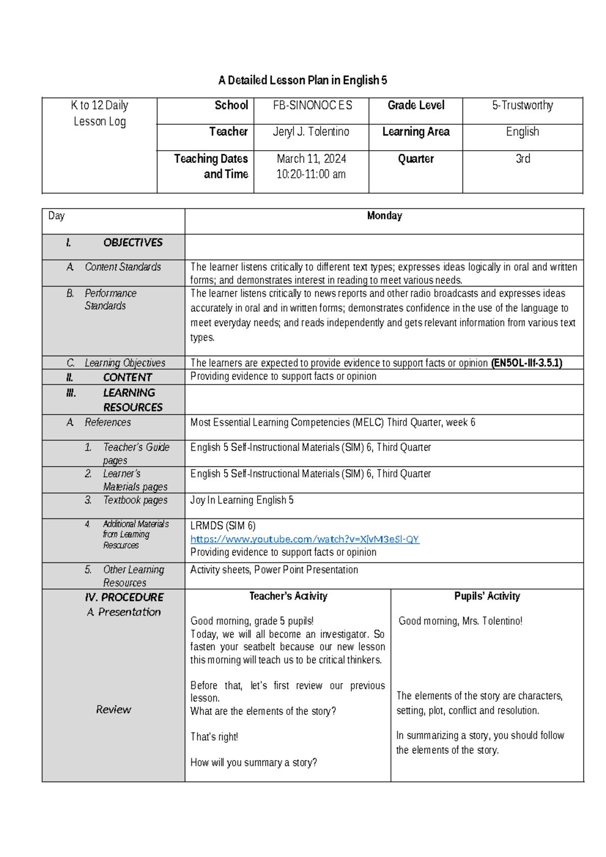Lesson Plan-English 5 - A Detailed Lesson Plan in English 5 K to 12 ...