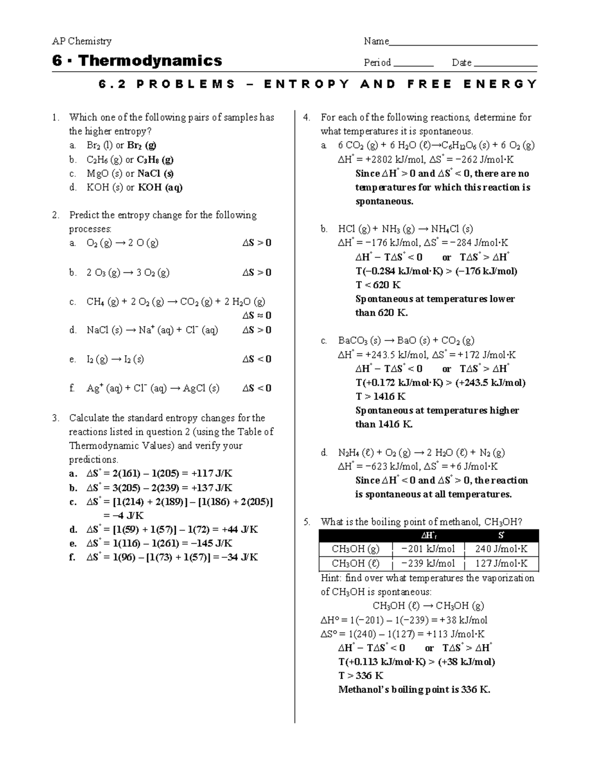 Apch6 - worksheet - AP Chemistry Name 6 Thermodynamics Period Date 6. 2 ...