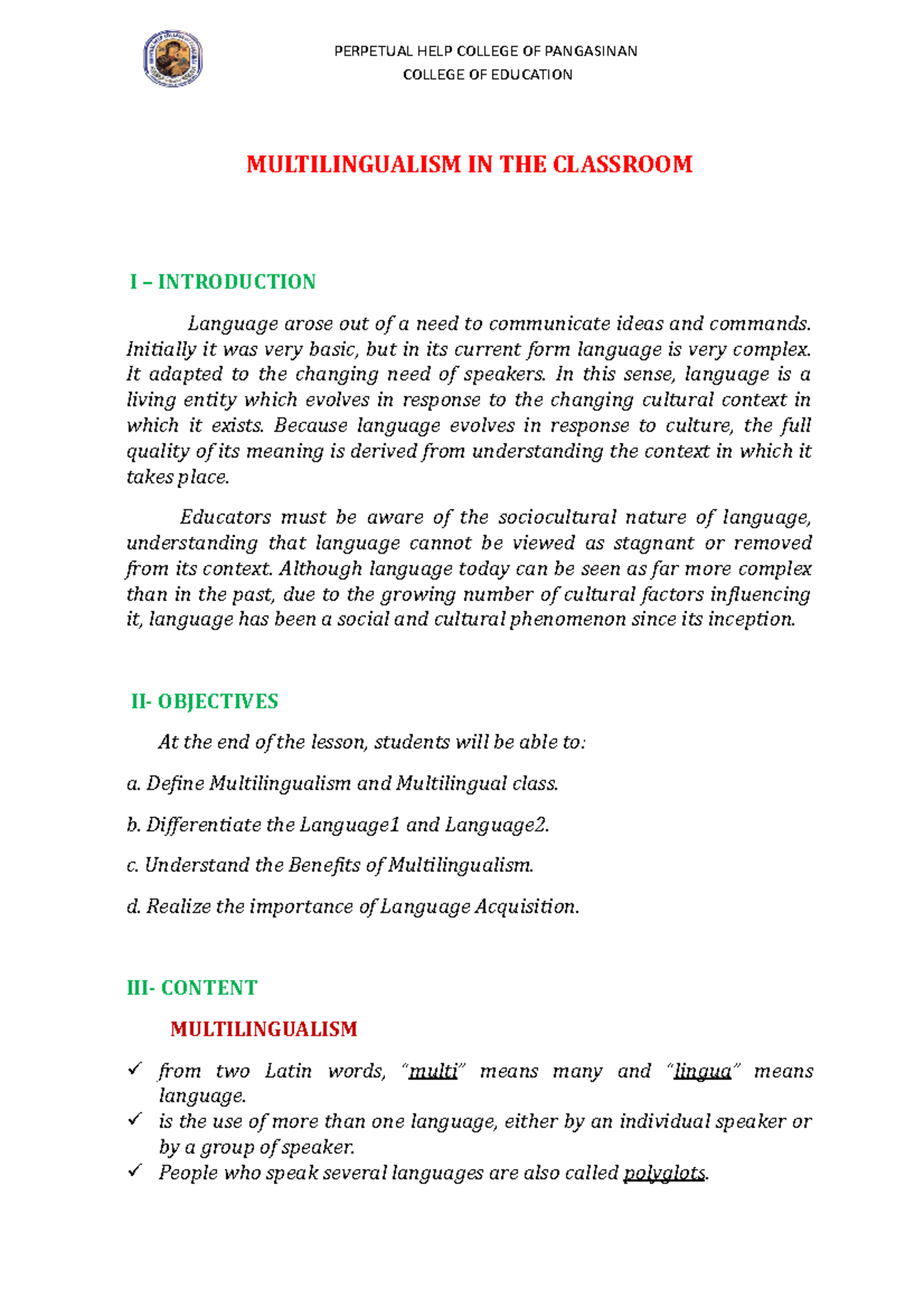 Multilingualism IN THE Classroom - MULTILINGUALISM IN THE CLASSROOM I ...