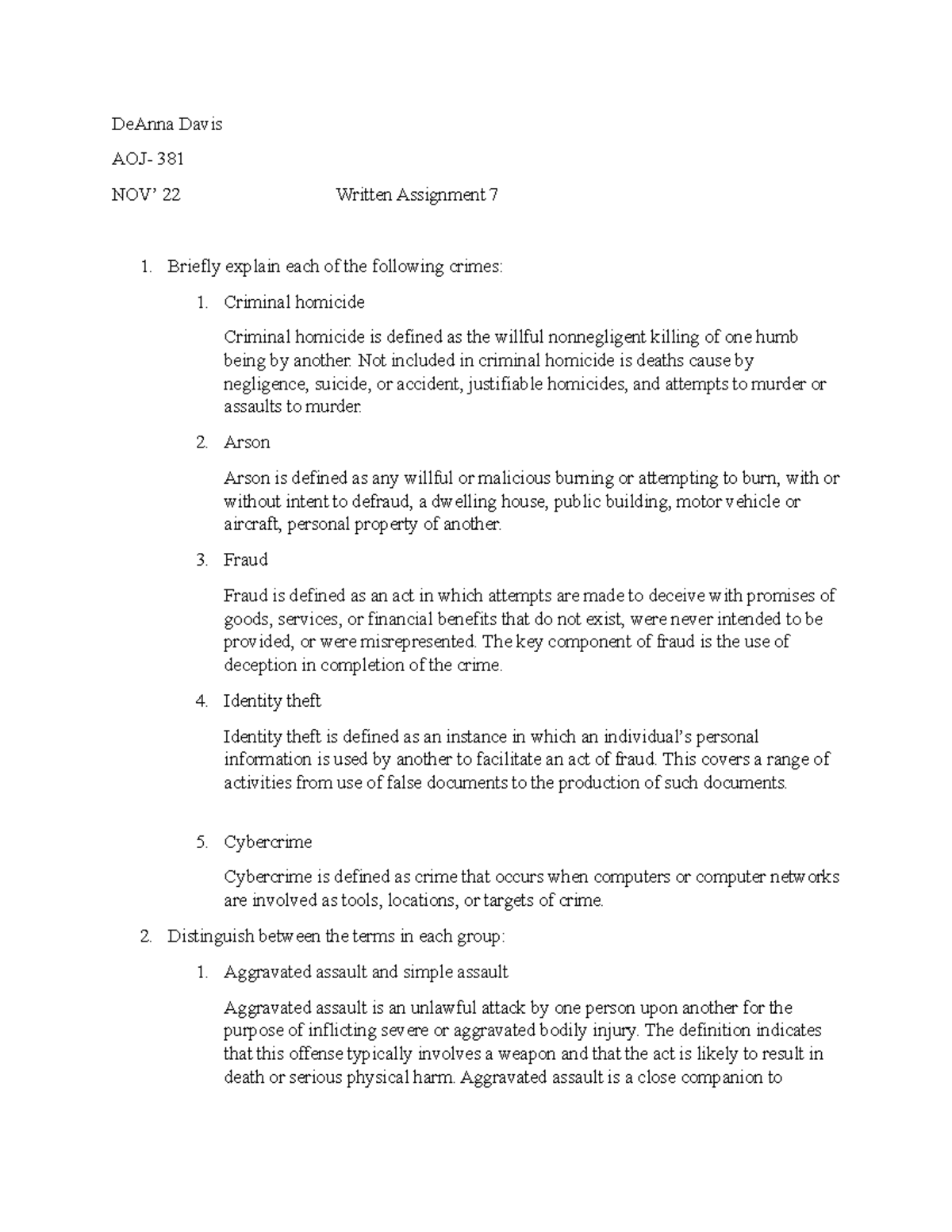 Aoj wa7 - full assignment - DeAnna Davis AOJ- 381 NOV’ 22 Written ...