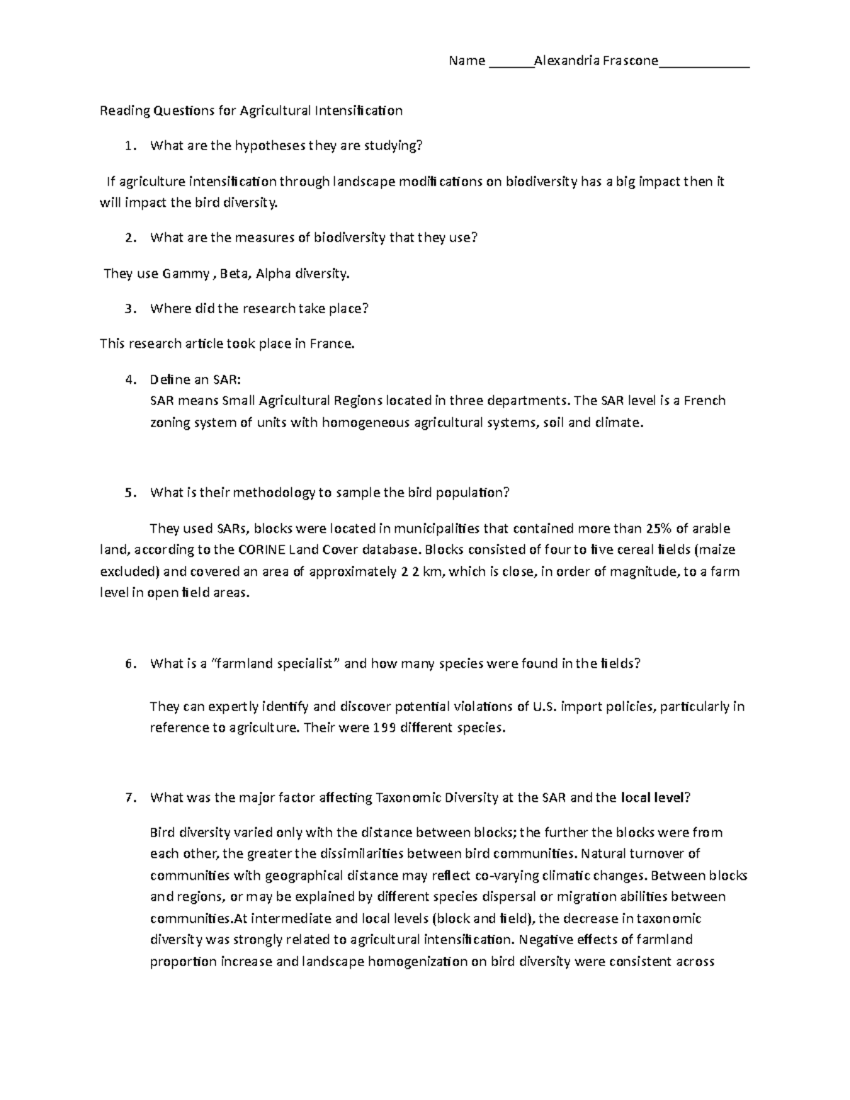 Reading Questions for Agricutral Intens - Name Alexandria Frascone ...