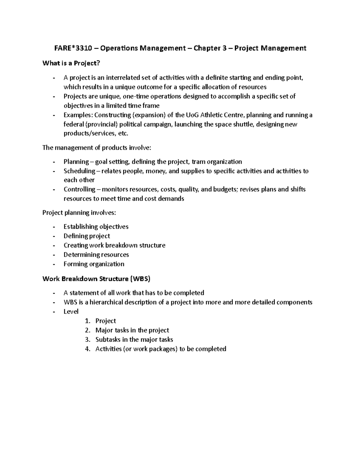 Chapter 3 - Project Management - Chapter 3 - FARE*3310 – Operations ...