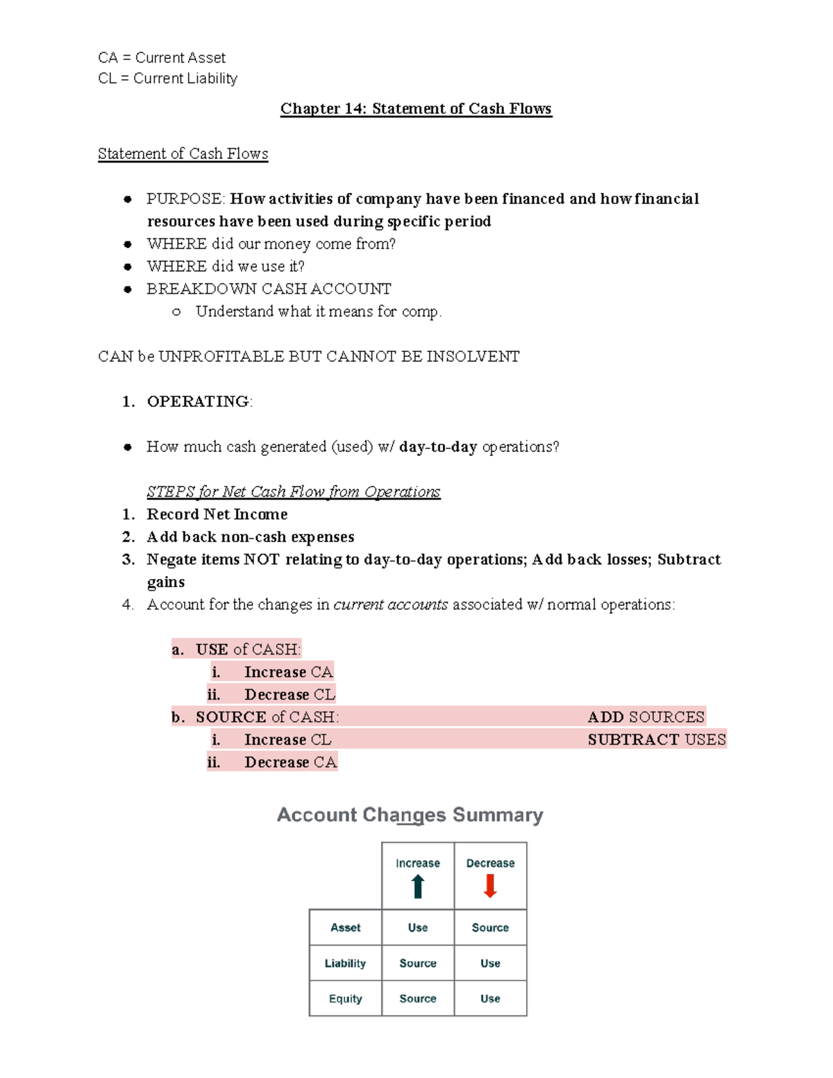 Chapter 14 Statement of Cash Flows Lecture Notes - CA = Current AssetCL ...