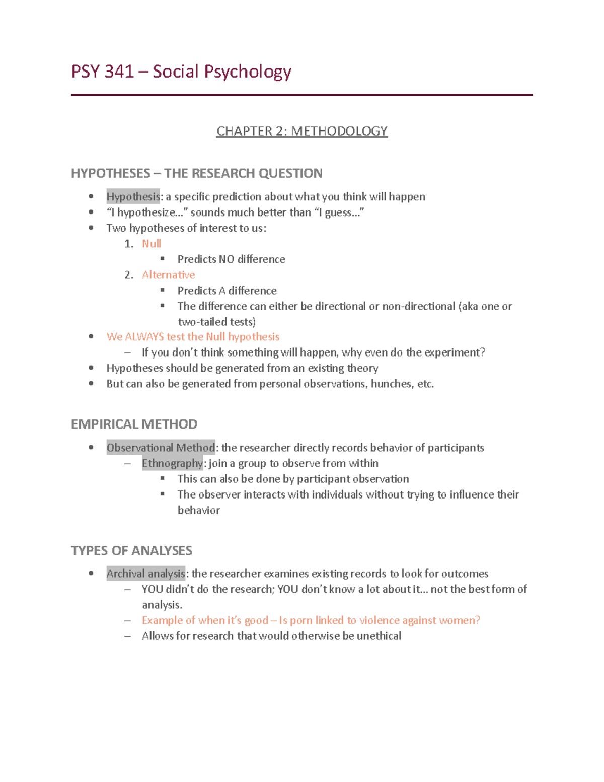 Chapter 2: Methodology - PSY 341 – Social Psychology CHAPTER 2: METHODOLOGY HYPOTHESES – THE ...