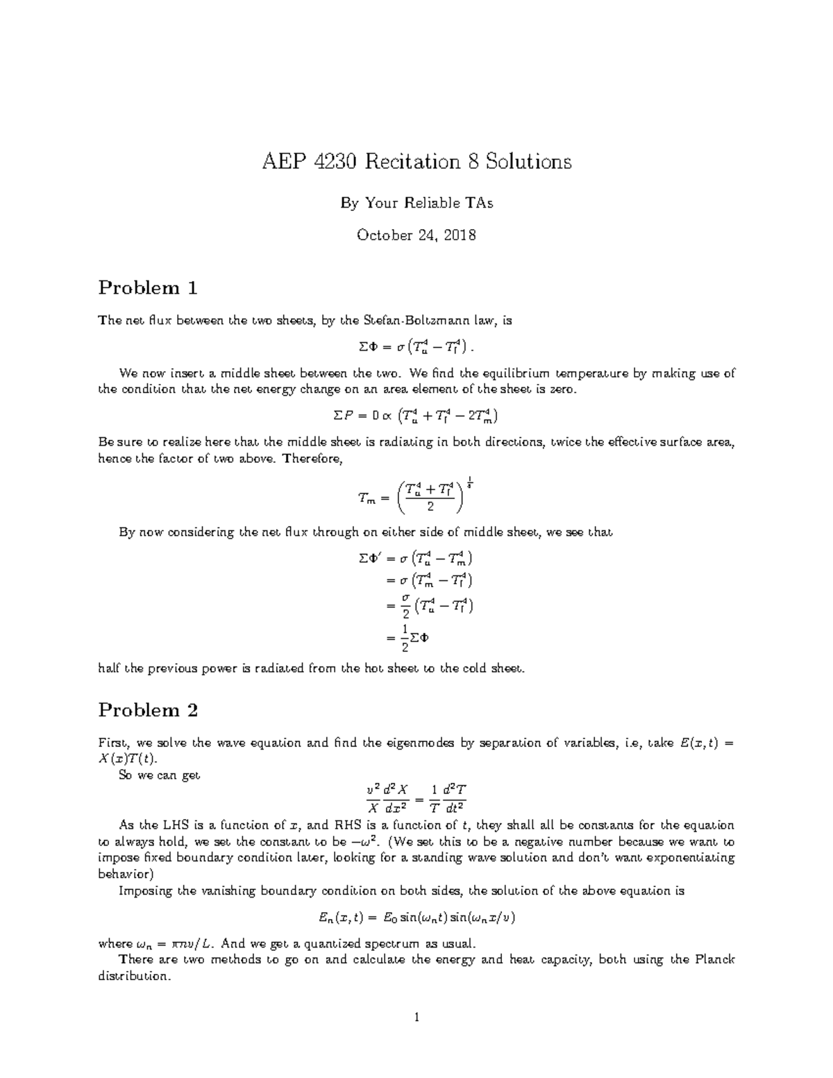Solution Recitation 8 - AEP 4230 Recitation 8 Solutions Your Reliable TAs October 24, 2018 ...