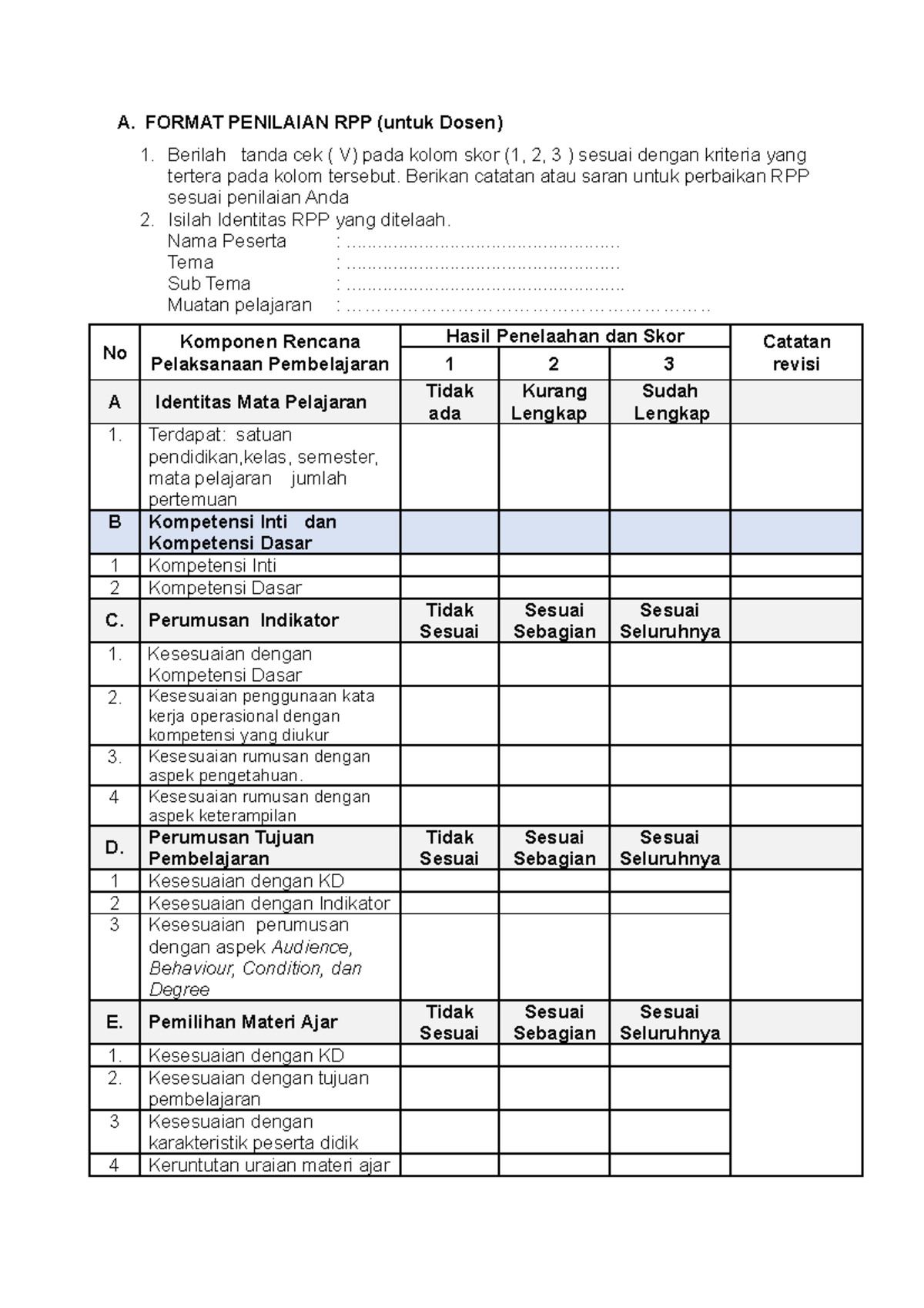 UAS - UAS - A. FORMAT PENILAIAN RPP (untuk Dosen) 1. Berilah tanda cek ...