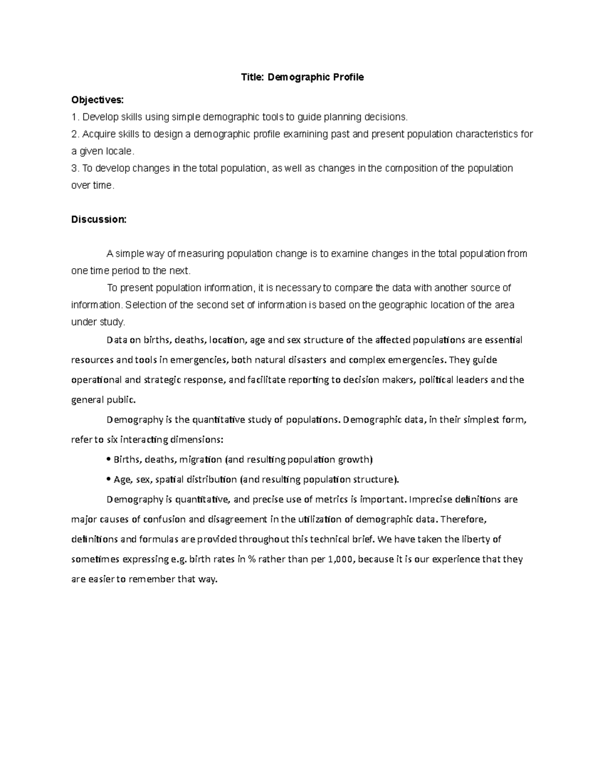 WEEK 4- Demographic Profile - Title: Demographic Profile Objectives: 1 ...