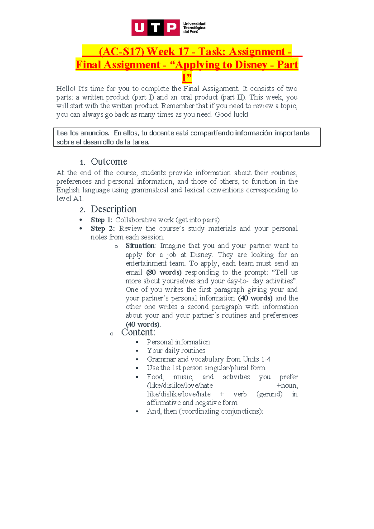 🔴 (AC-S17) Week 17 - Task Assignment - Final Assignment - Applying to Disney - Part I. - It ...