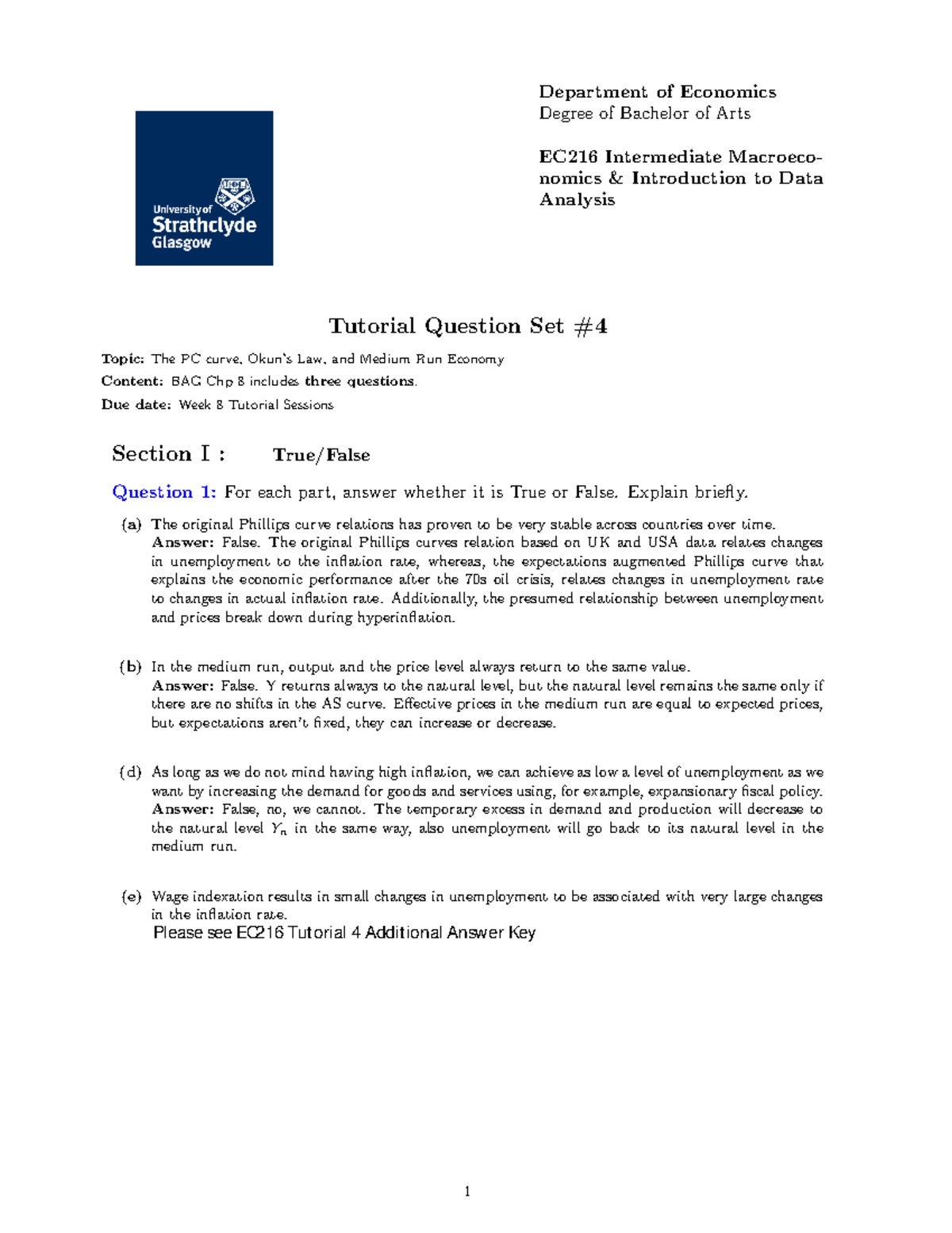 EC216 Tutorial 4 2020 Answer Key - Department of Economics Degree of ...