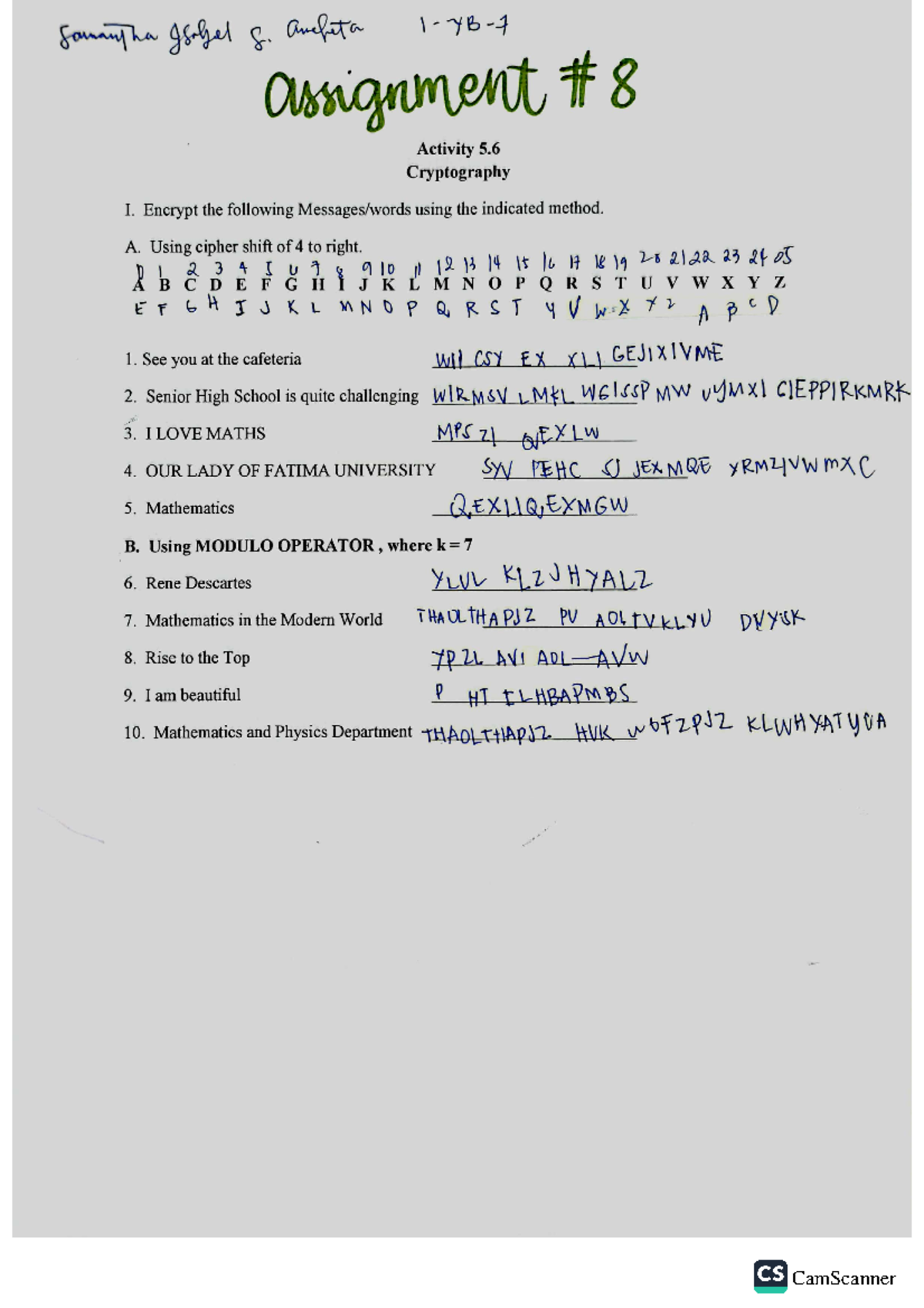 Assignment no. 8 (Cryptography) - Mathematics in the Modern World ...
