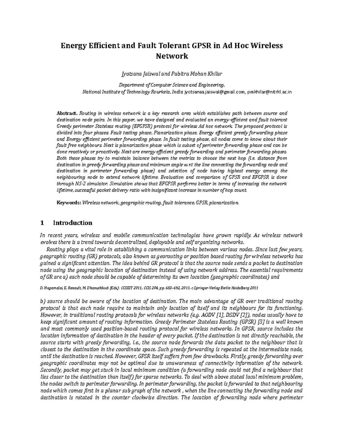 Energy Efficient and Fault Tolerant GPSR in Ad Hoc Wireless Network - Energy Efficient and Fault ...