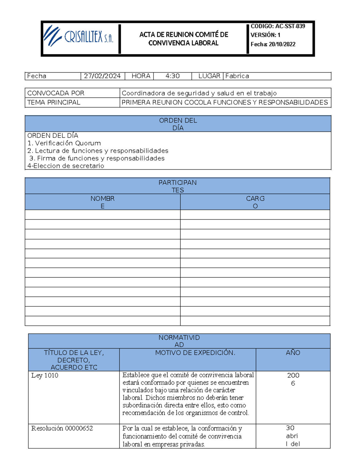 ACTA Reunion Cocola - apuntes - ACTA DE REUNION COMITÉ DE CONVIVENCIA ...