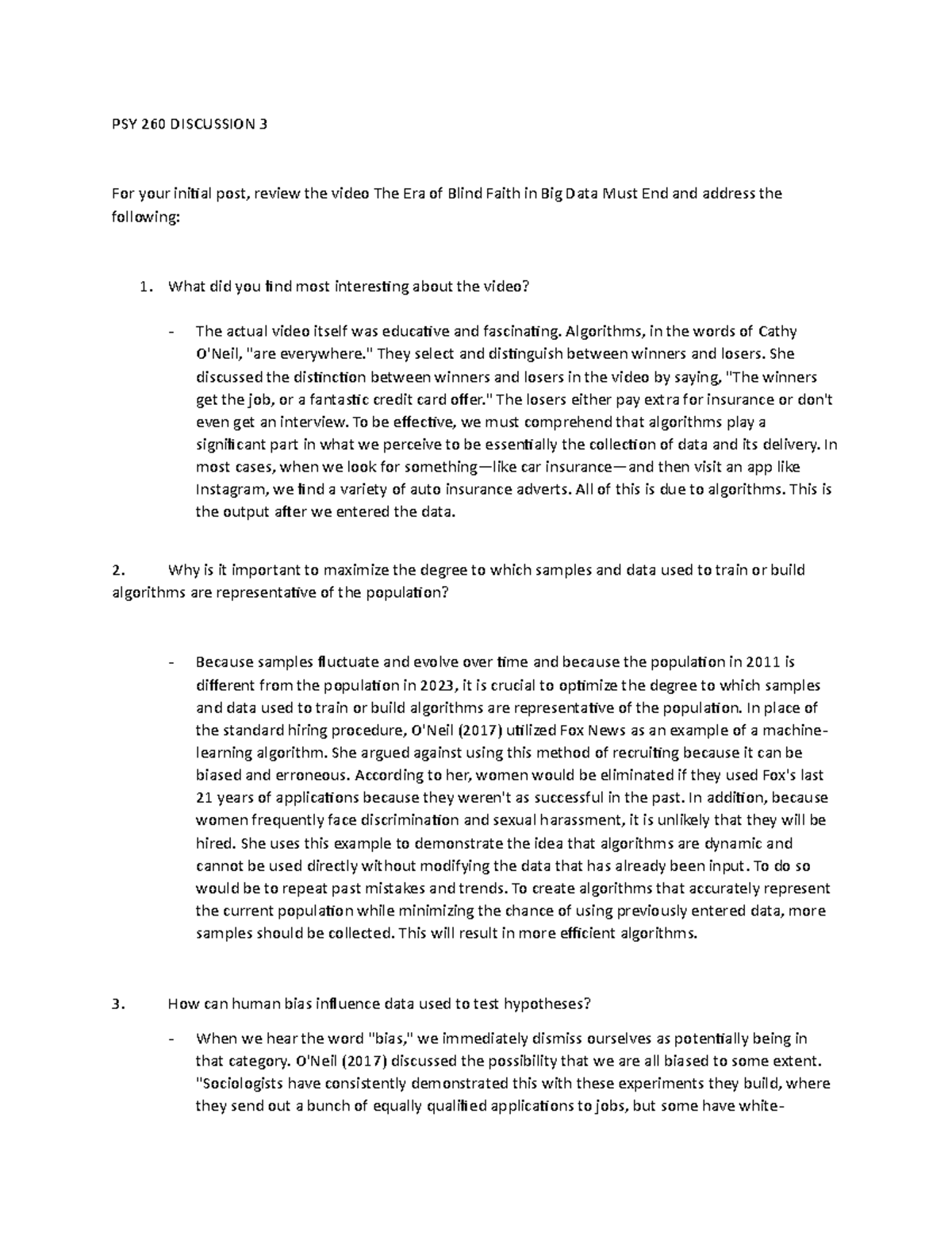 PSY 260 Discussion 3 - PSY 260 DISCUSSION 3 For your initial post ...