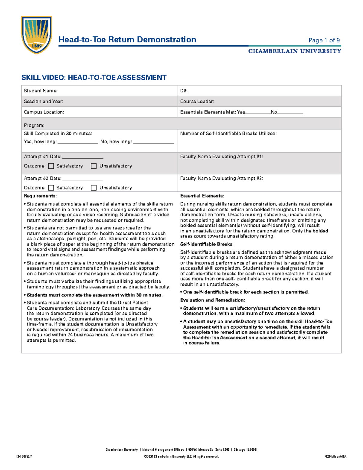 NR304 Head-to-Toe Return Demonstration Form - ####### Chamberlain ...