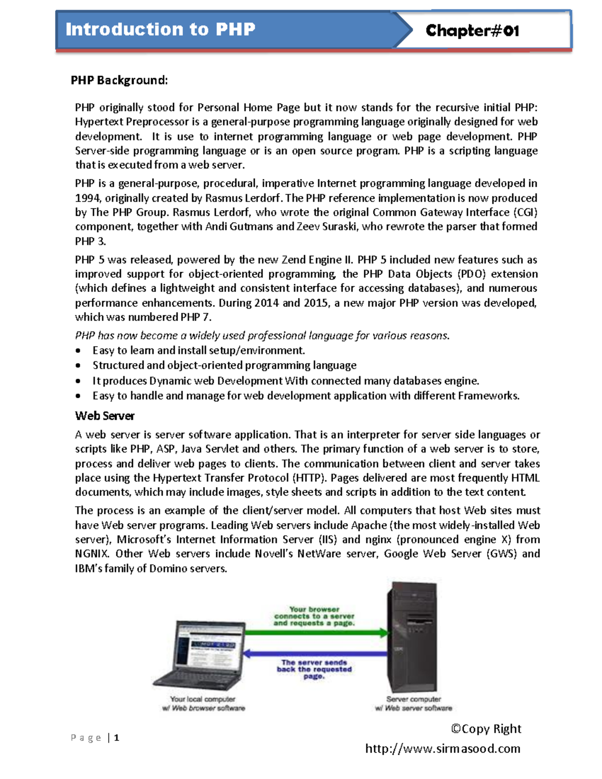 PHPChapter 01 Introduction to PHP - P a g e | 1 ©Copy Right PHP Background: PHP originally stood ...
