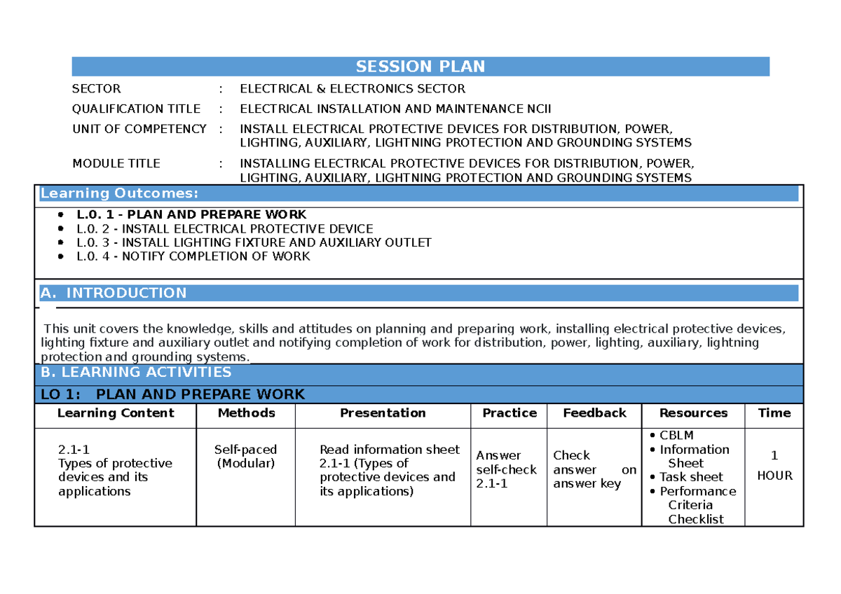 Marlon- Session-PLAN - SESSION PLAN SECTOR : ELECTRICAL & ELECTRONICS ...