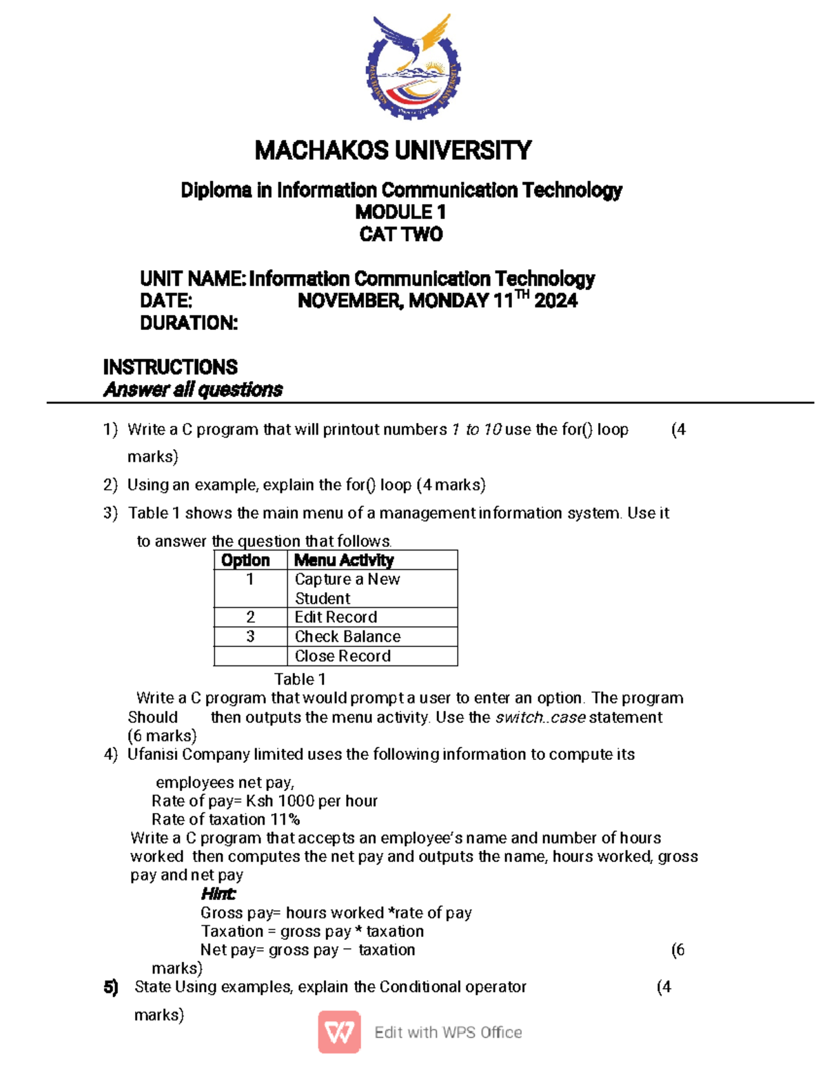 DICT cat2 2024 - thanks - MACHAKOS UNIVERSITY Diploma in Information ... DICT cat2 2024 - thanks - MACHAKOS UNIVERSITY Diploma in Information ...