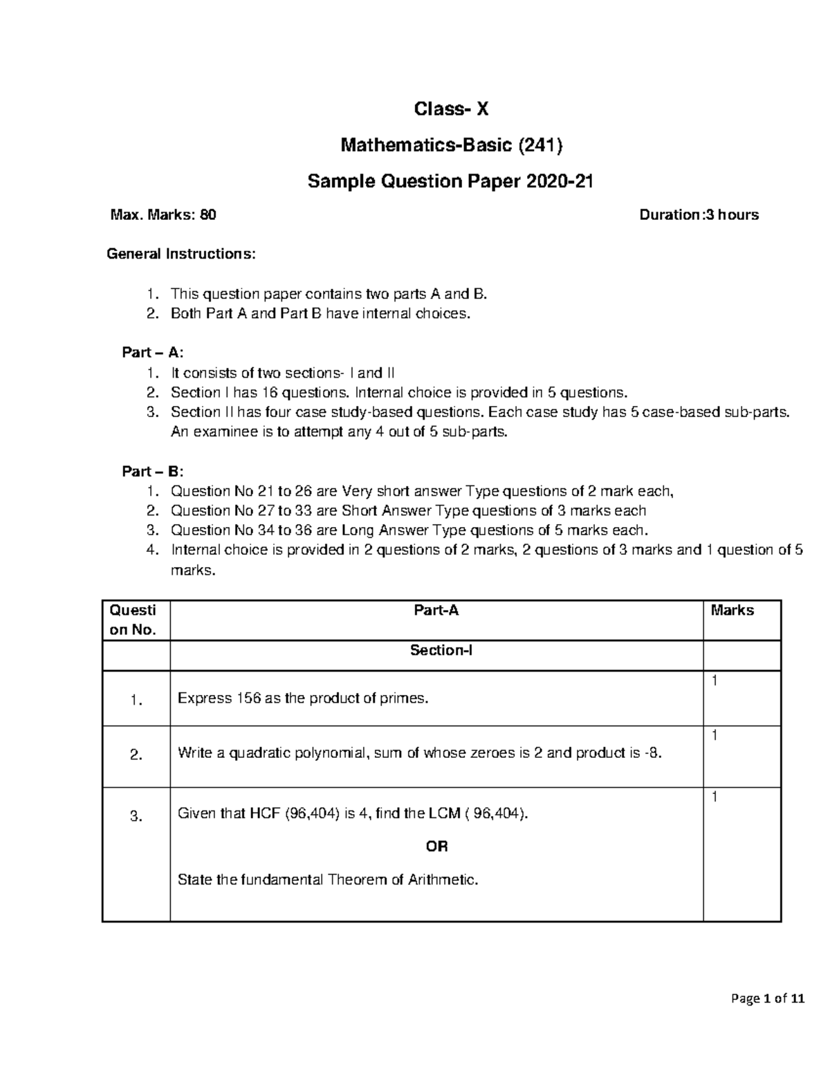 Ul2 - ,,,l - Class- X Mathematics-Basic (241) Sample Question Paper 2020- 21 Max. Marks: 80 ...