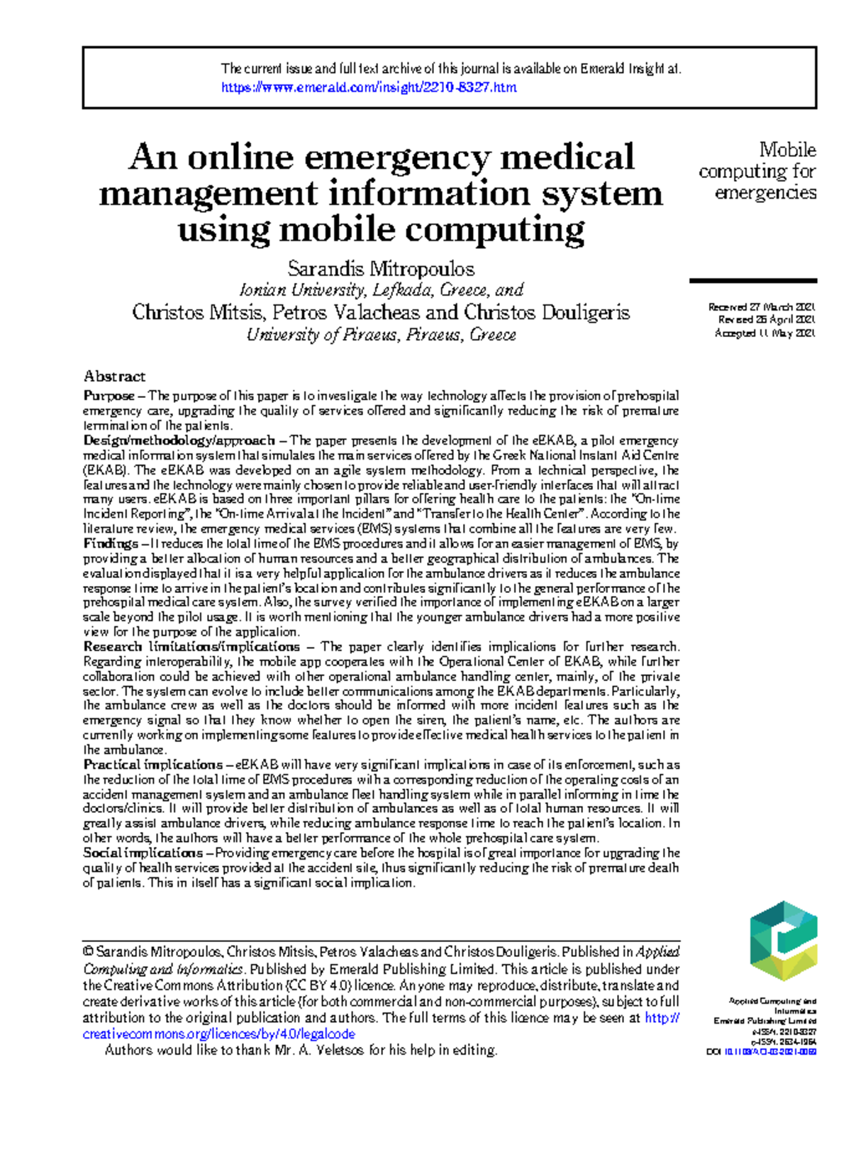 A1 IMS552 - Article regarding digitization - An online emergency medical management information ...