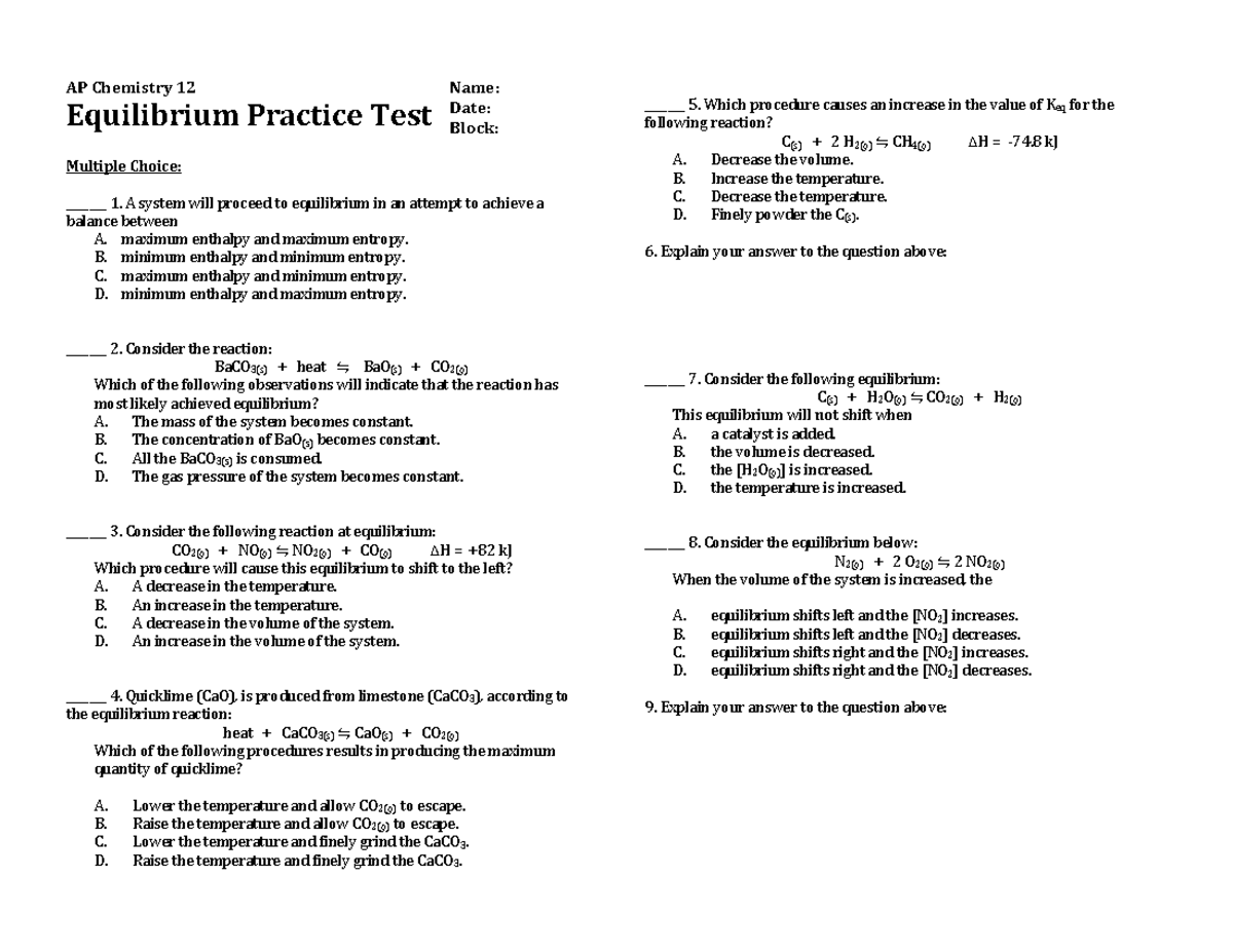 W - Mrs Motohashi - equilibrium practice test ap and KEY - AP#Chemistry ...