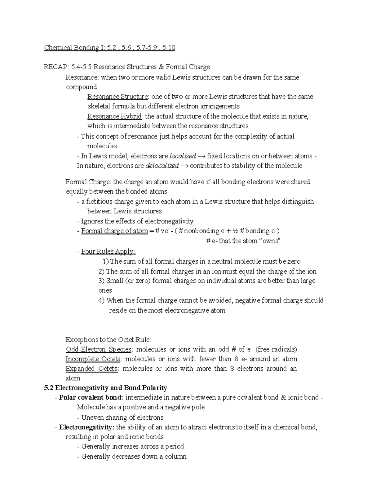 Week 8 txtbk outline - Chem 101 Week 8 Textbook Notes - Chemical ...