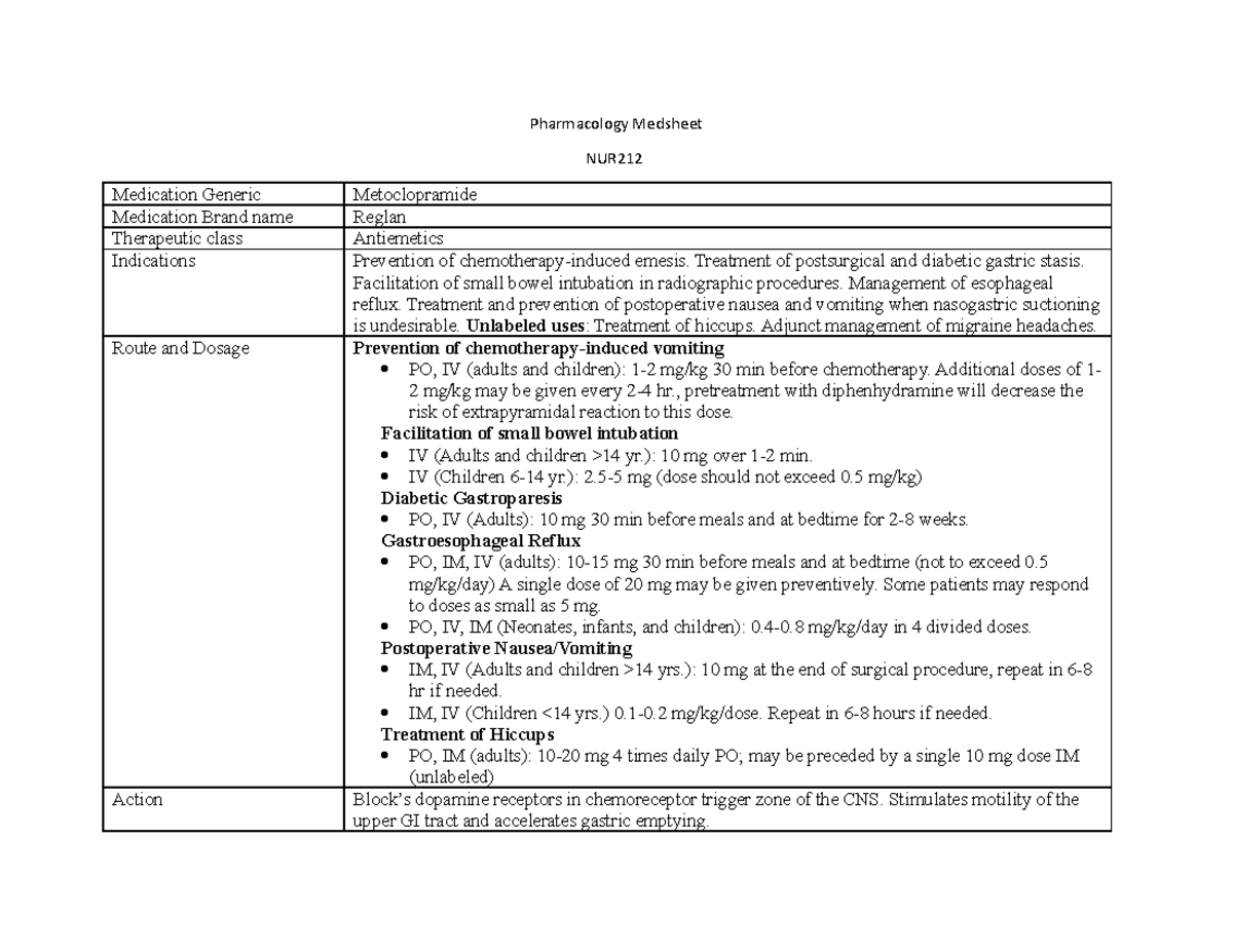 (Reglan ) Metoclopramide Med Sheet - Pharmacology Medsheet NUR ...