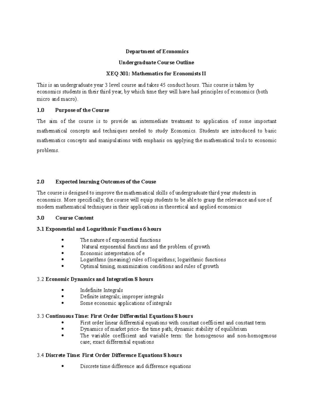 XEQ 301 Mathematics for economist II Course Outline - Department of ...