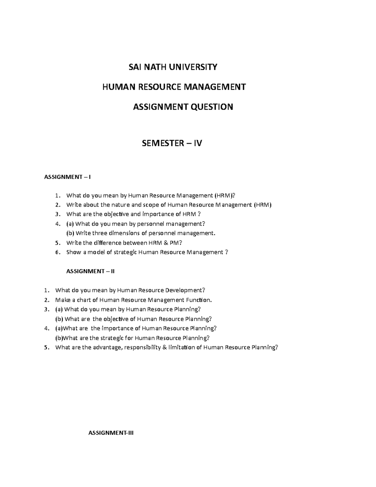 HRM Assign - hrm projects - SAI NATH UNIVERSITY HUMAN RESOURCE ...