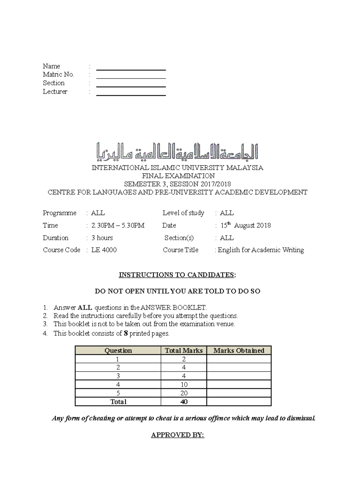 FE Practice Paper 2 - Name : Matric No. : Section : Lecturer ...