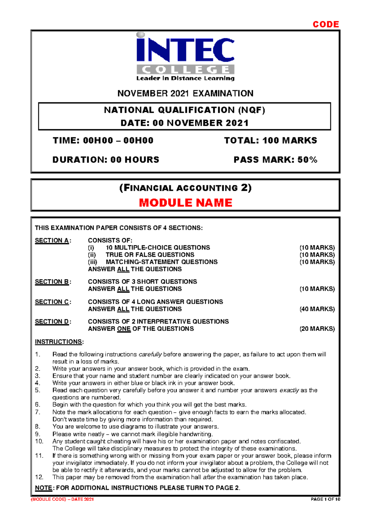 NQF Financial Accounting 2 Exam Question Paper Question Paper Nov 2021 ...