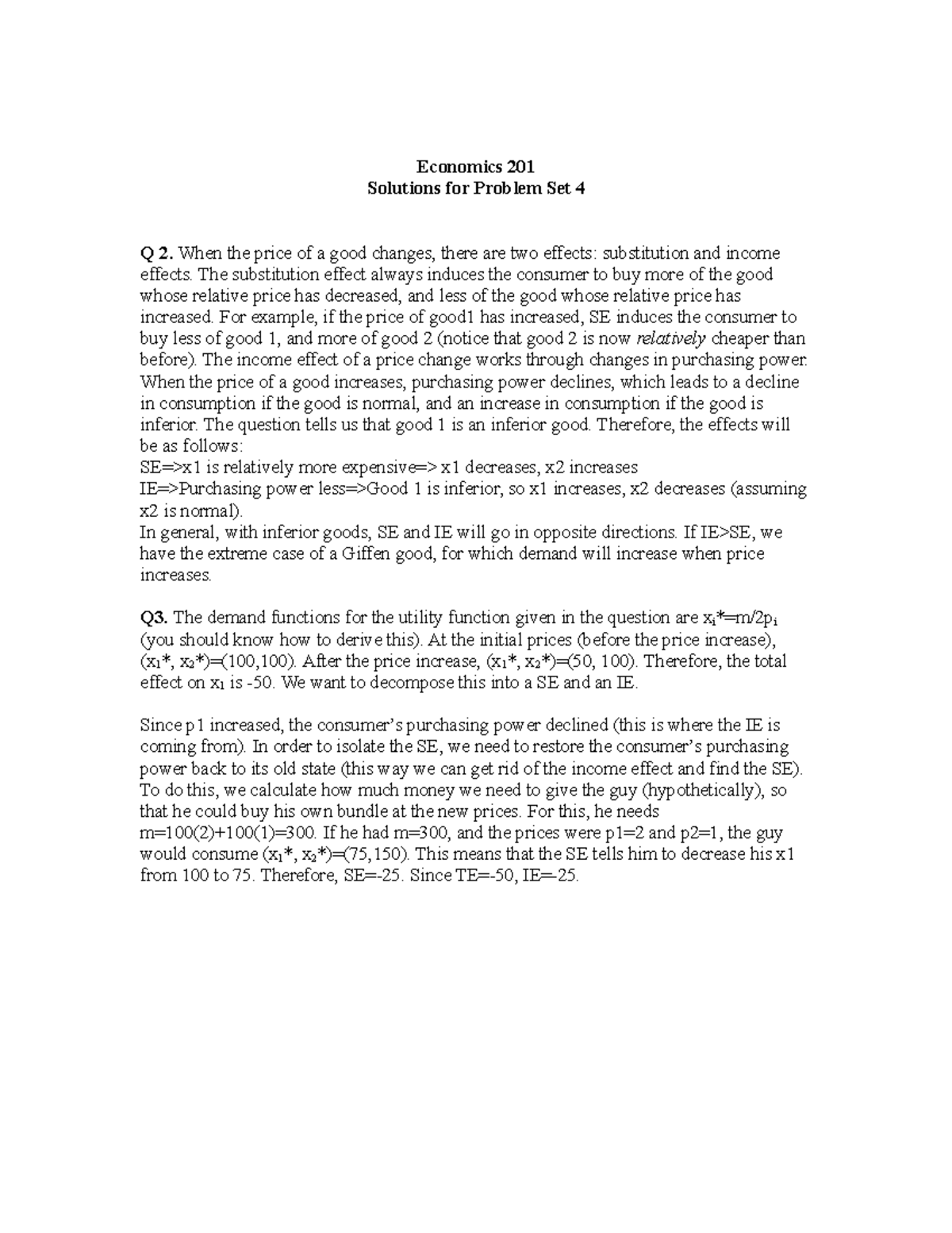 Problem Set 4 Solutions Econ 201 Updated - Economics 201 Solutions for ...