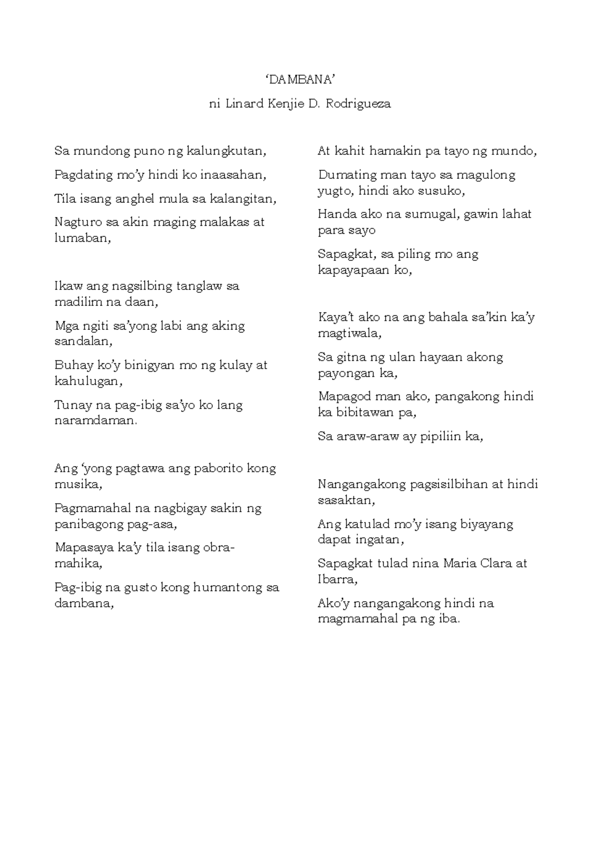 Written Literature Tulang Pasalaysay - ‘DAMBANA’ ni Linard Kenjie D ...