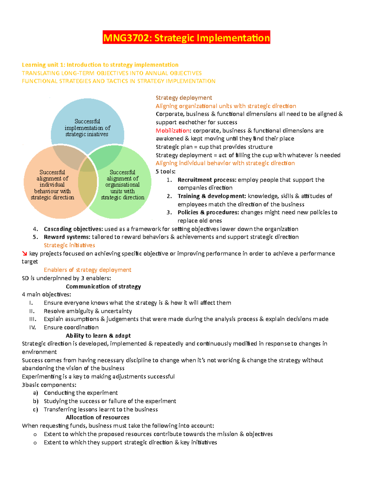 Detailed MNG3702- notes - MNG3702: Strategic Implementation Learning ...