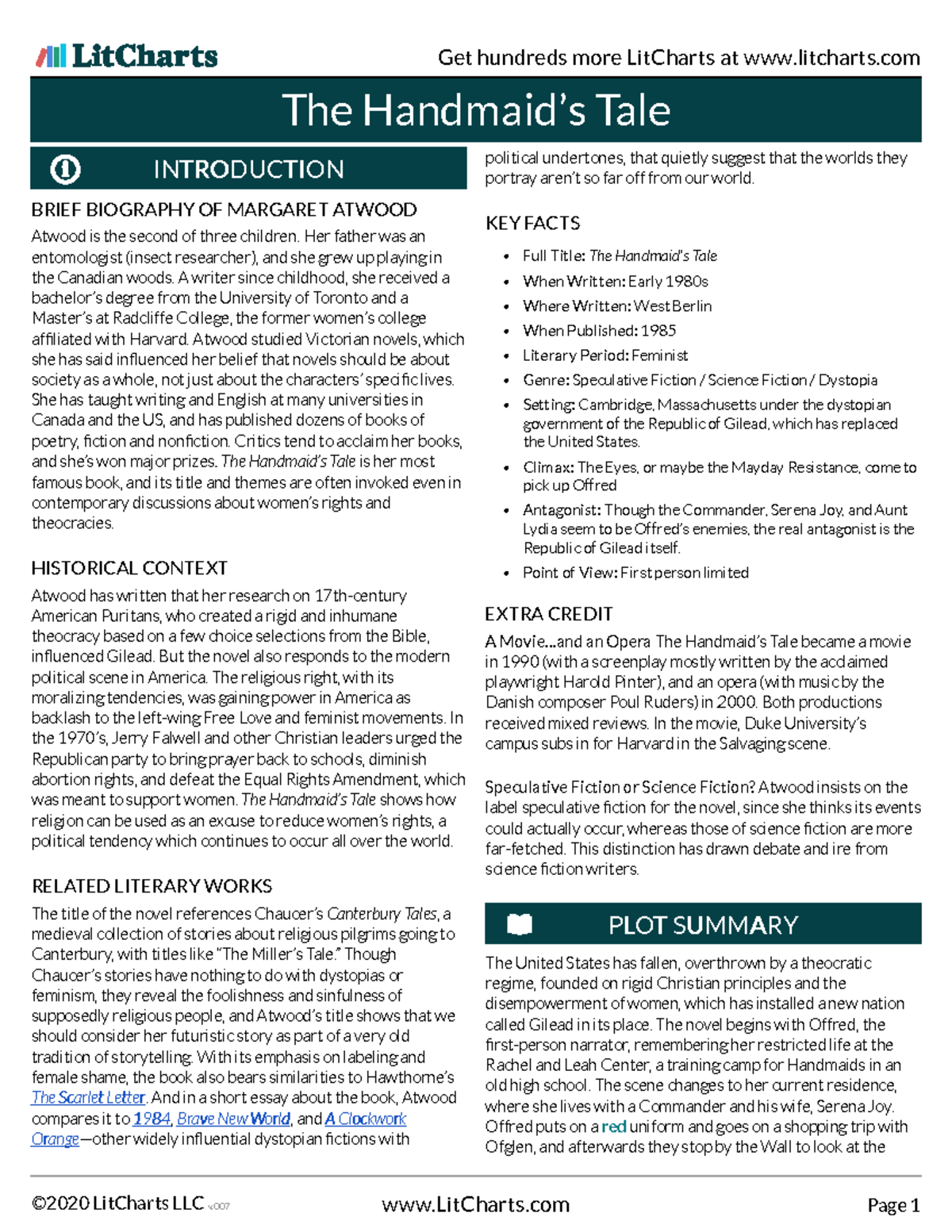 The Handmaids Tale Lit Chart 1 - The Handmaid’s Tale BRIEF BIOGRAPHY OF ...