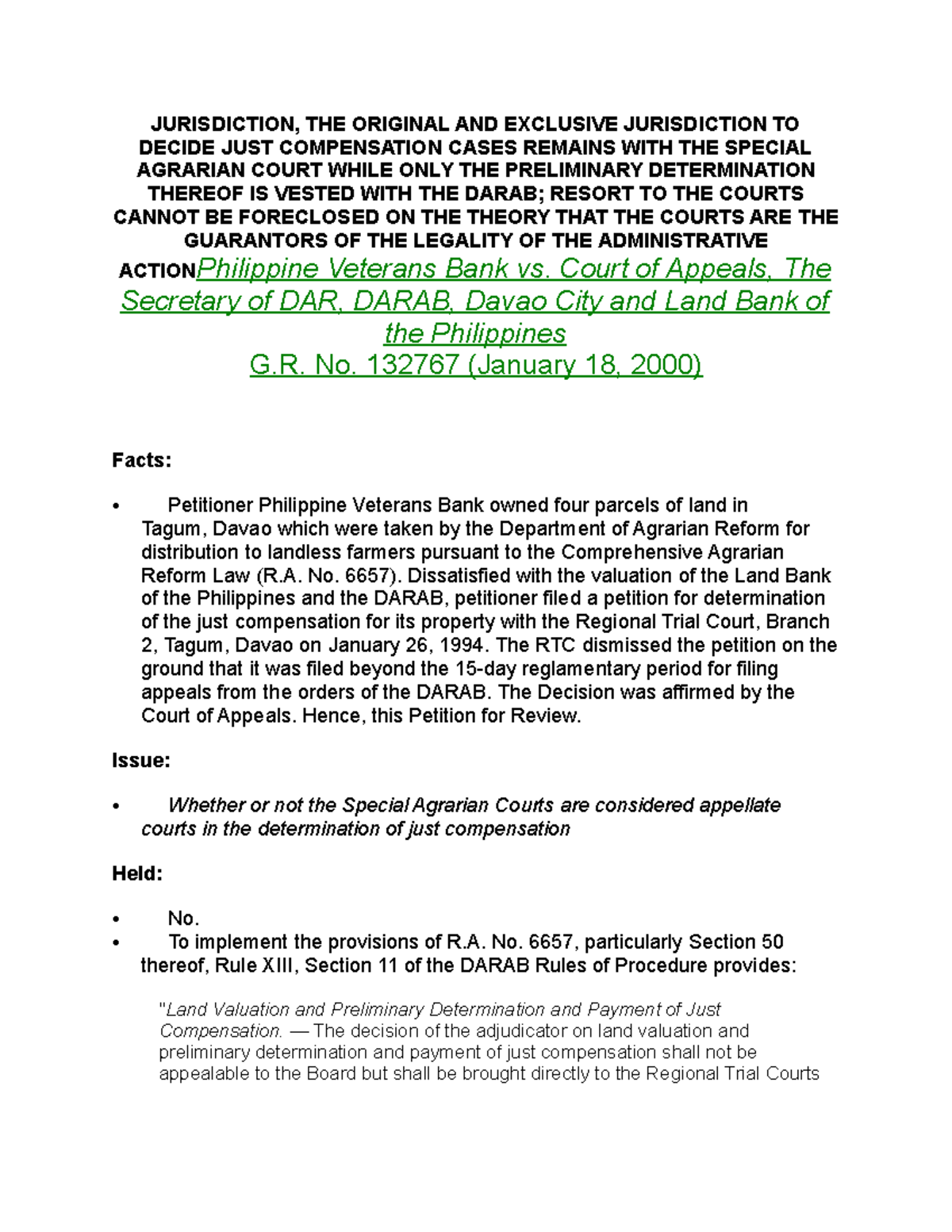 Case digests in Agrarian Law for Law Students - JURISDICTION, THE ...