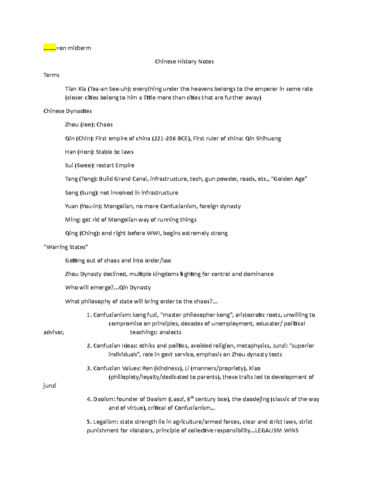 Chinese History Notes - Covers all lessons of the class. - ........=on ...