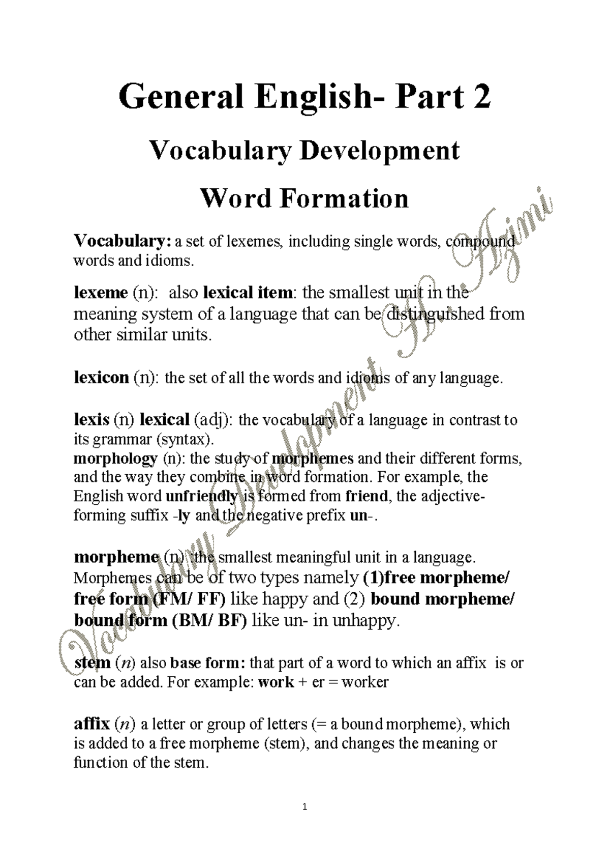 General English Part 2 -Vocabulary Development - lexeme (n): also ...