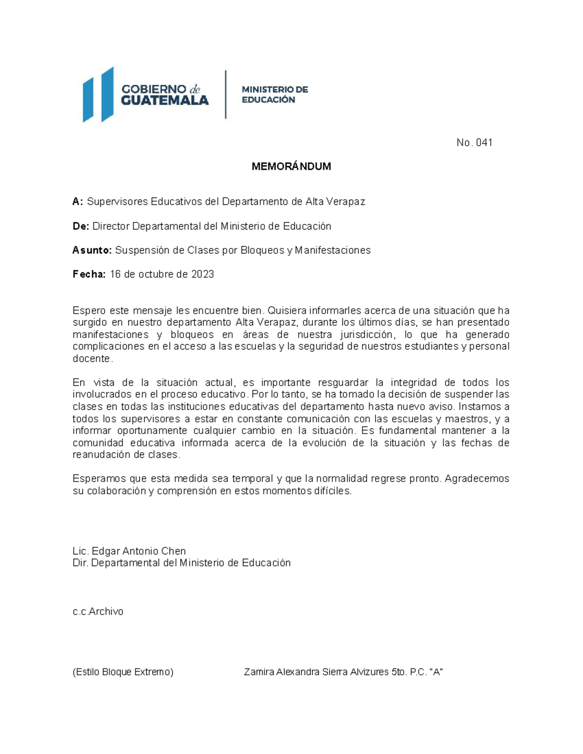 Memorandums - Tres tipos de memorándum - No. 041 MEMORÁNDUM A ...