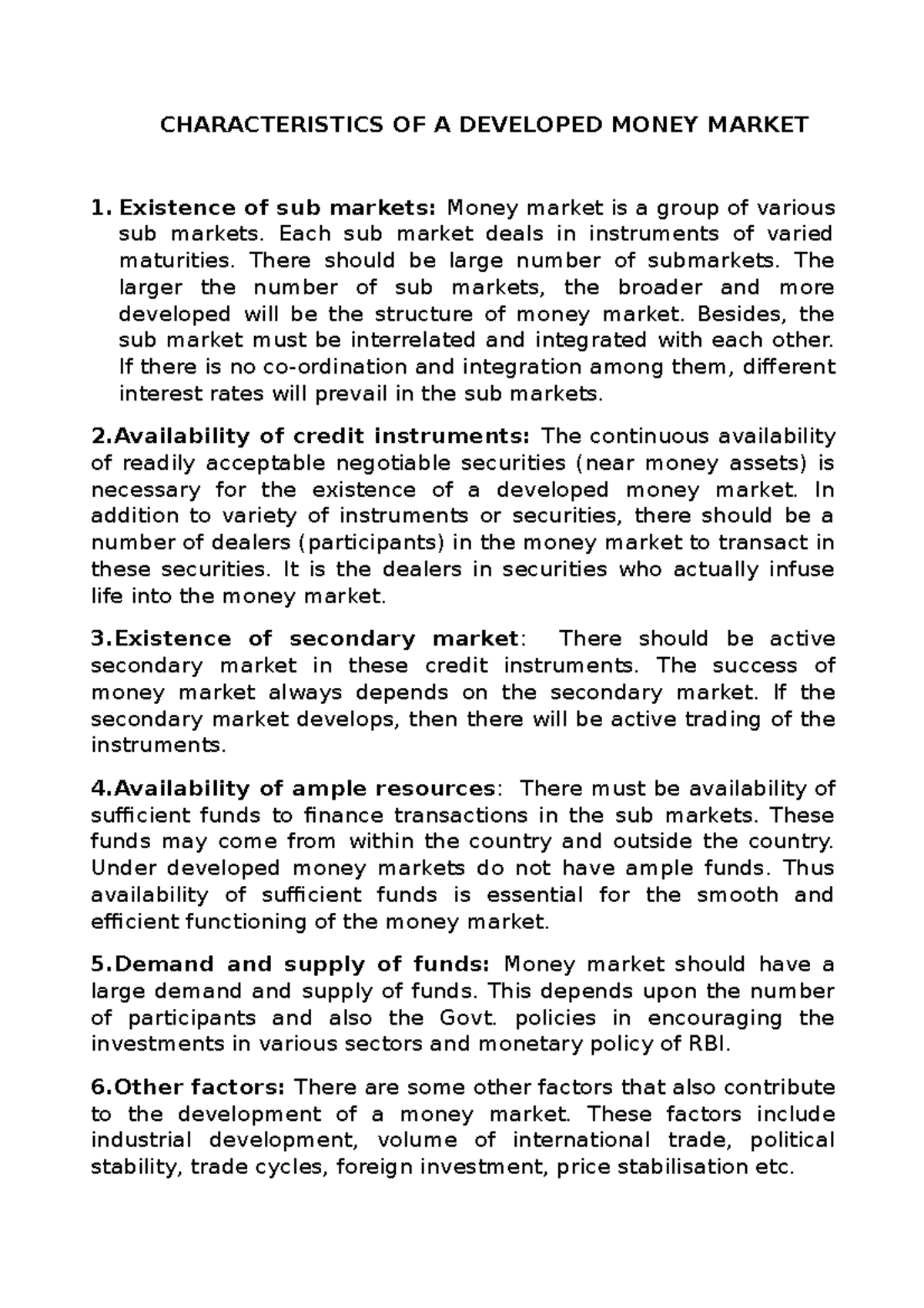 A9 - ITS LECTURE NOTES - CHARACTERISTICS OF A DEVELOPED MONEY MARKET ...