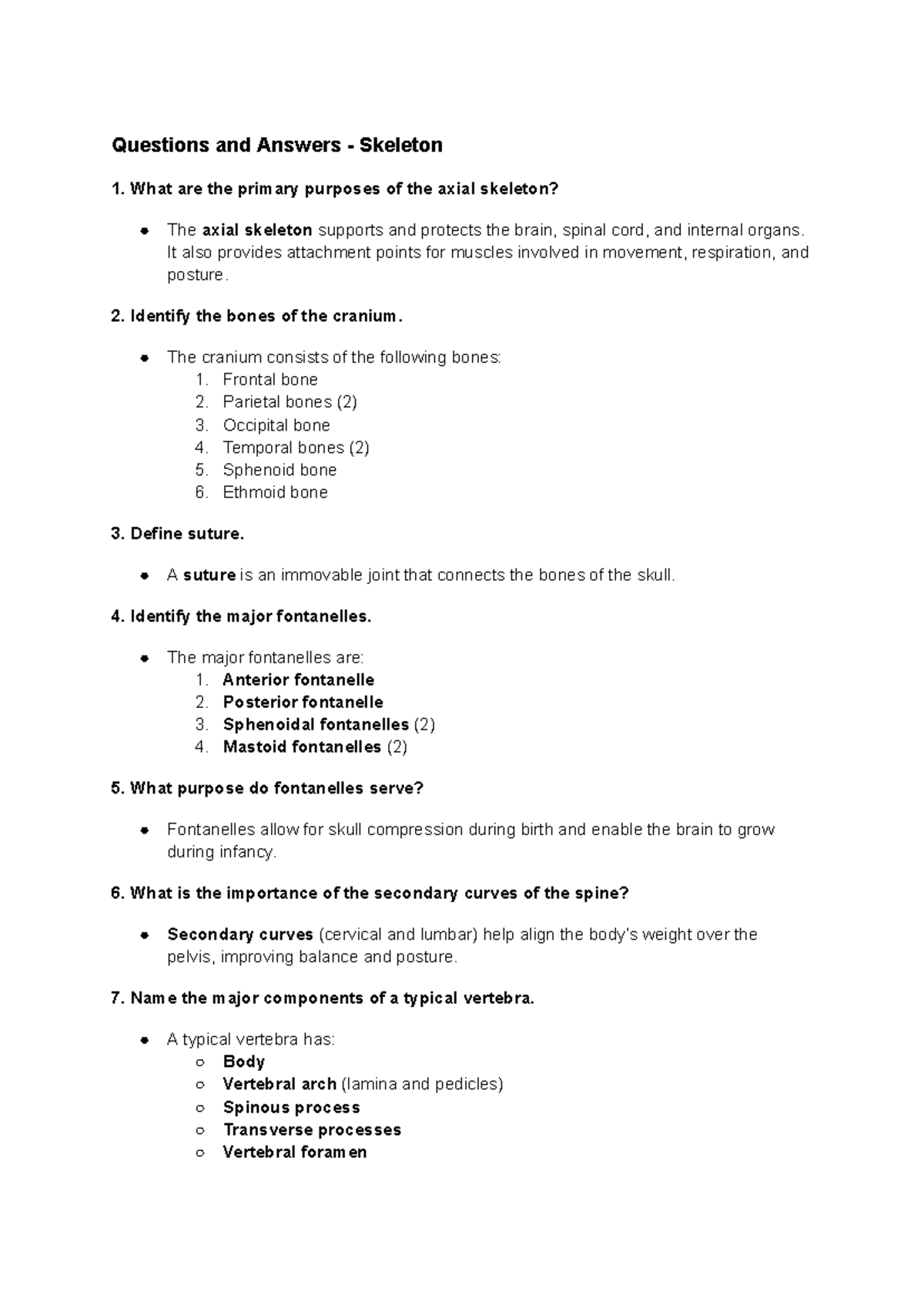 Anatomy test 2-prep - questions and answers for test 2 - Questions and ...