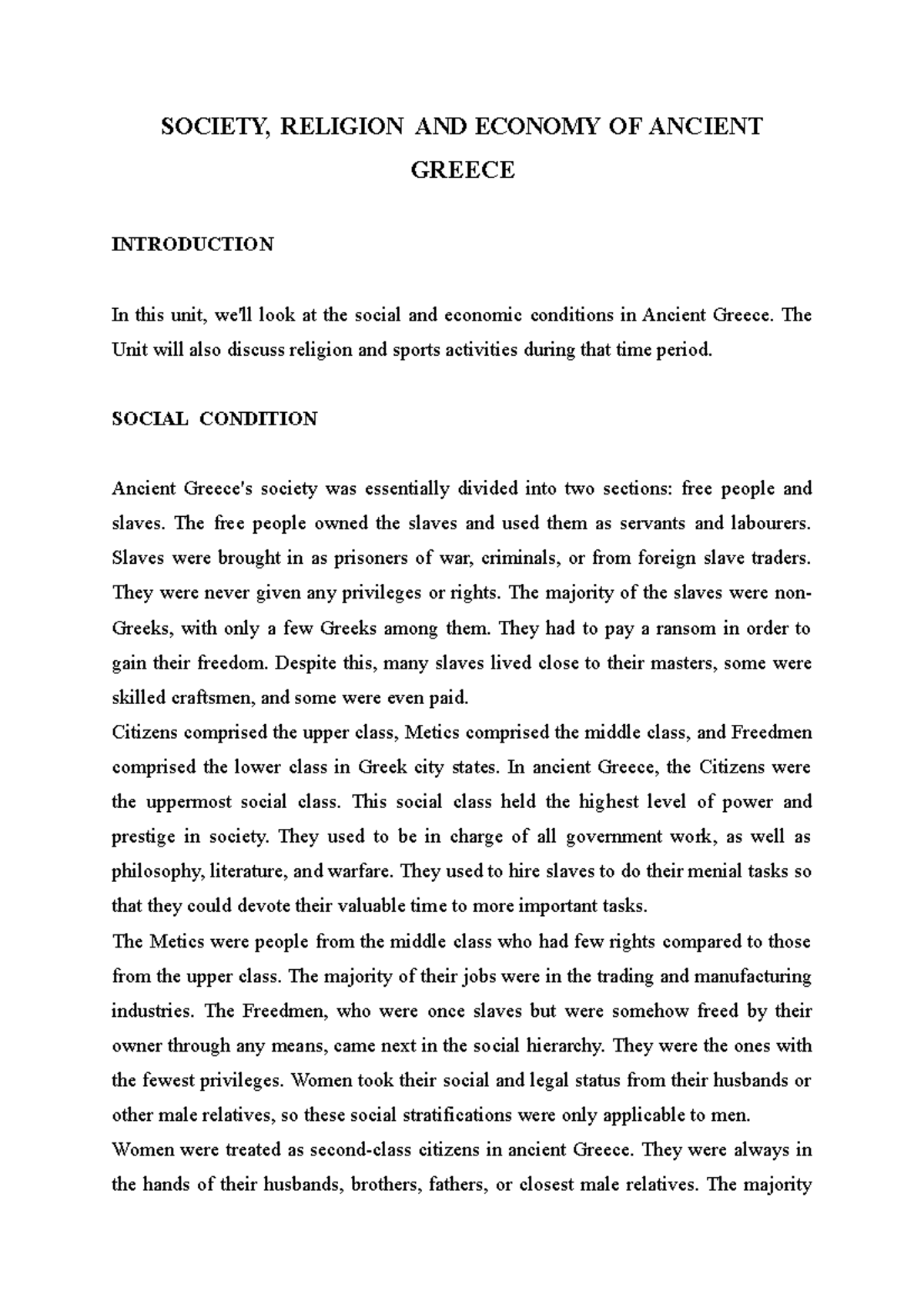 Society, Religion AND Economy OF Ancient Greece - SOCIETY, RELIGION AND ...
