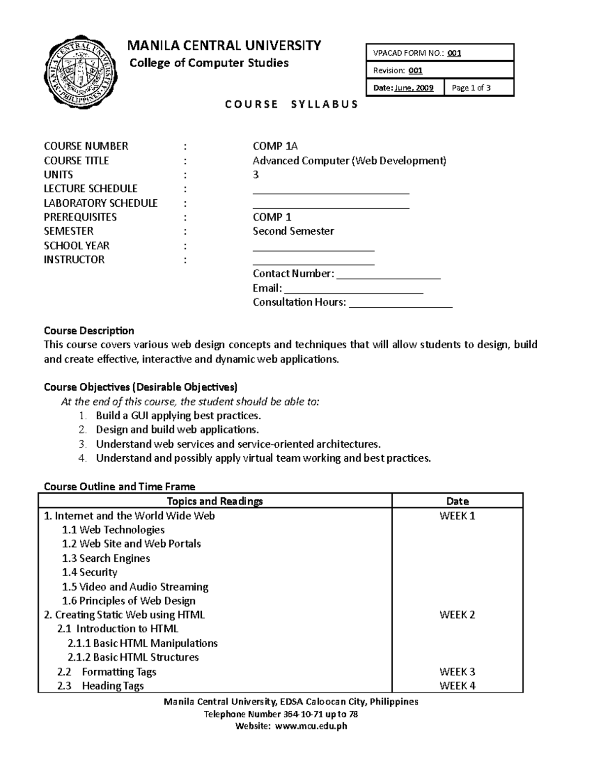 COMP 1A - Advanced Computer (Web Development) - VPACAD FORM NO.: 001 ...