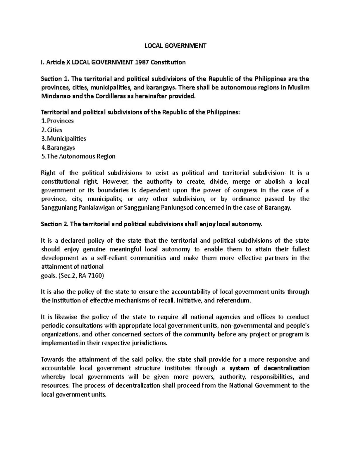 Article X Local Government 1987 Constitution - LOCAL GOVERNMENT I ...