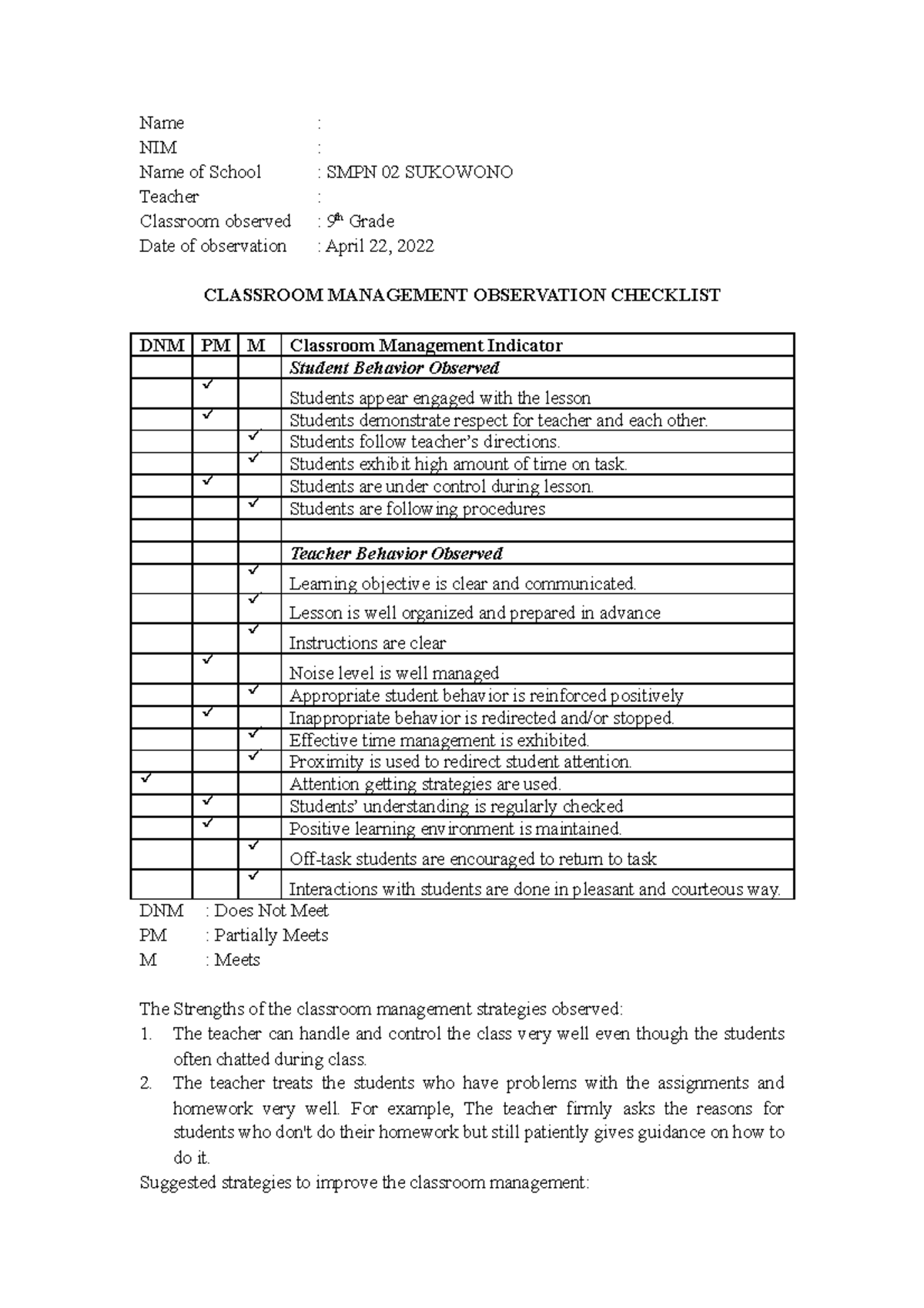 Example of Class Observation Report 2 - Name : NIM : Name of School ...